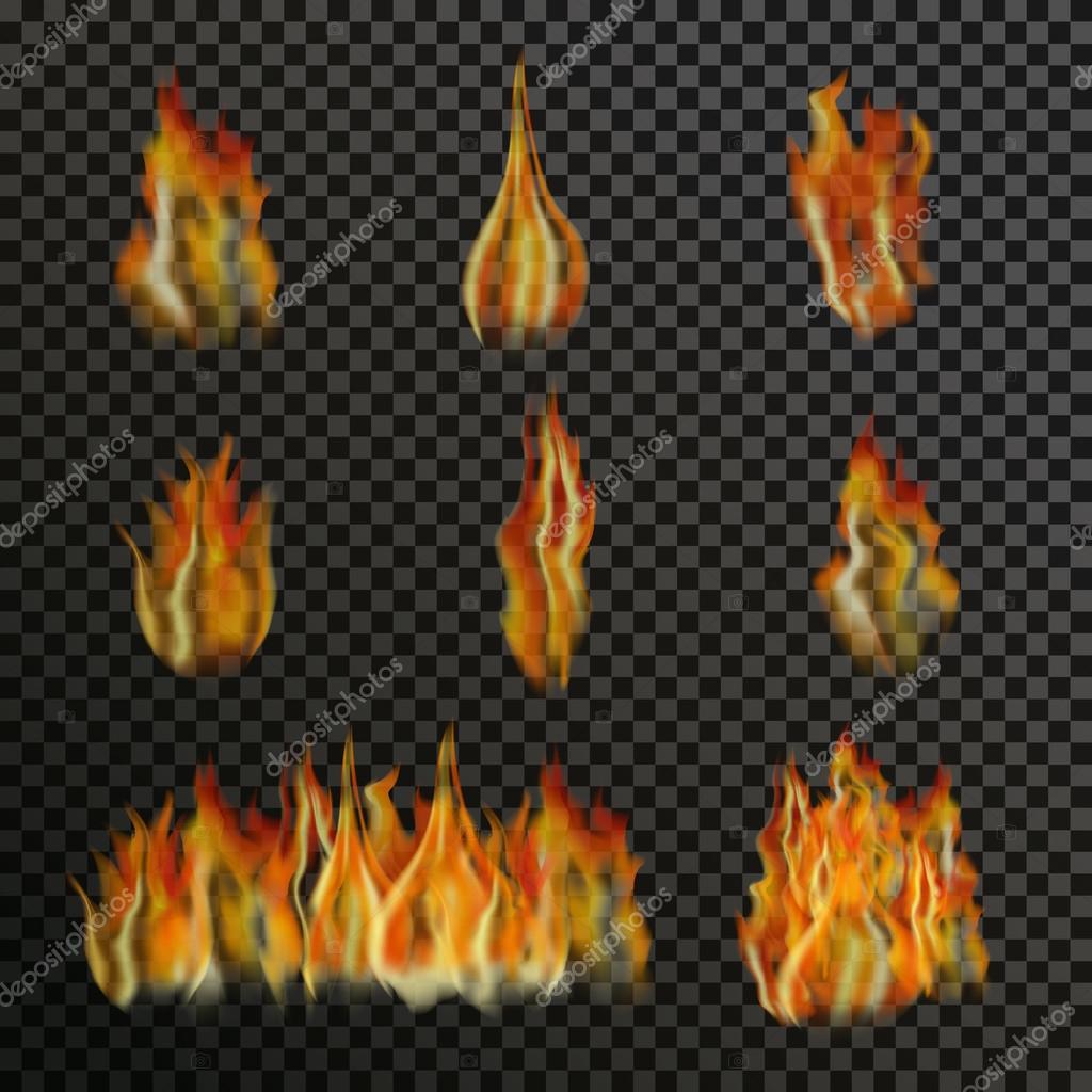 Set of realistic transparent fire flames on a plaid black white grid ...