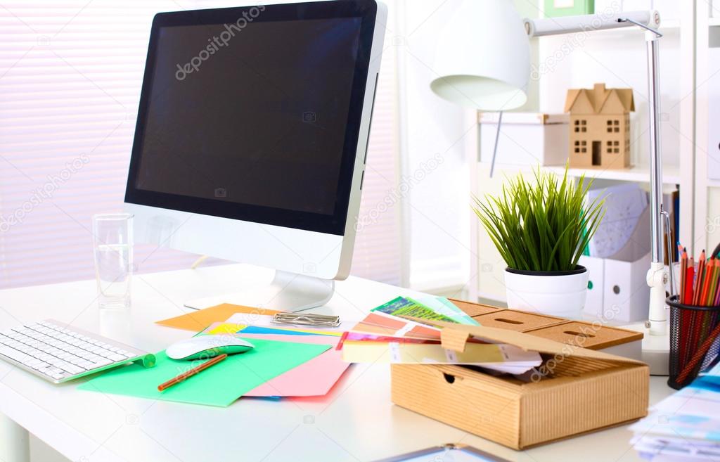 Designer working desk with computer and paperwork — Stock Photo ...