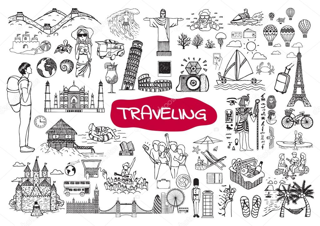 Traveling around the world doodle set isolated on white background ...