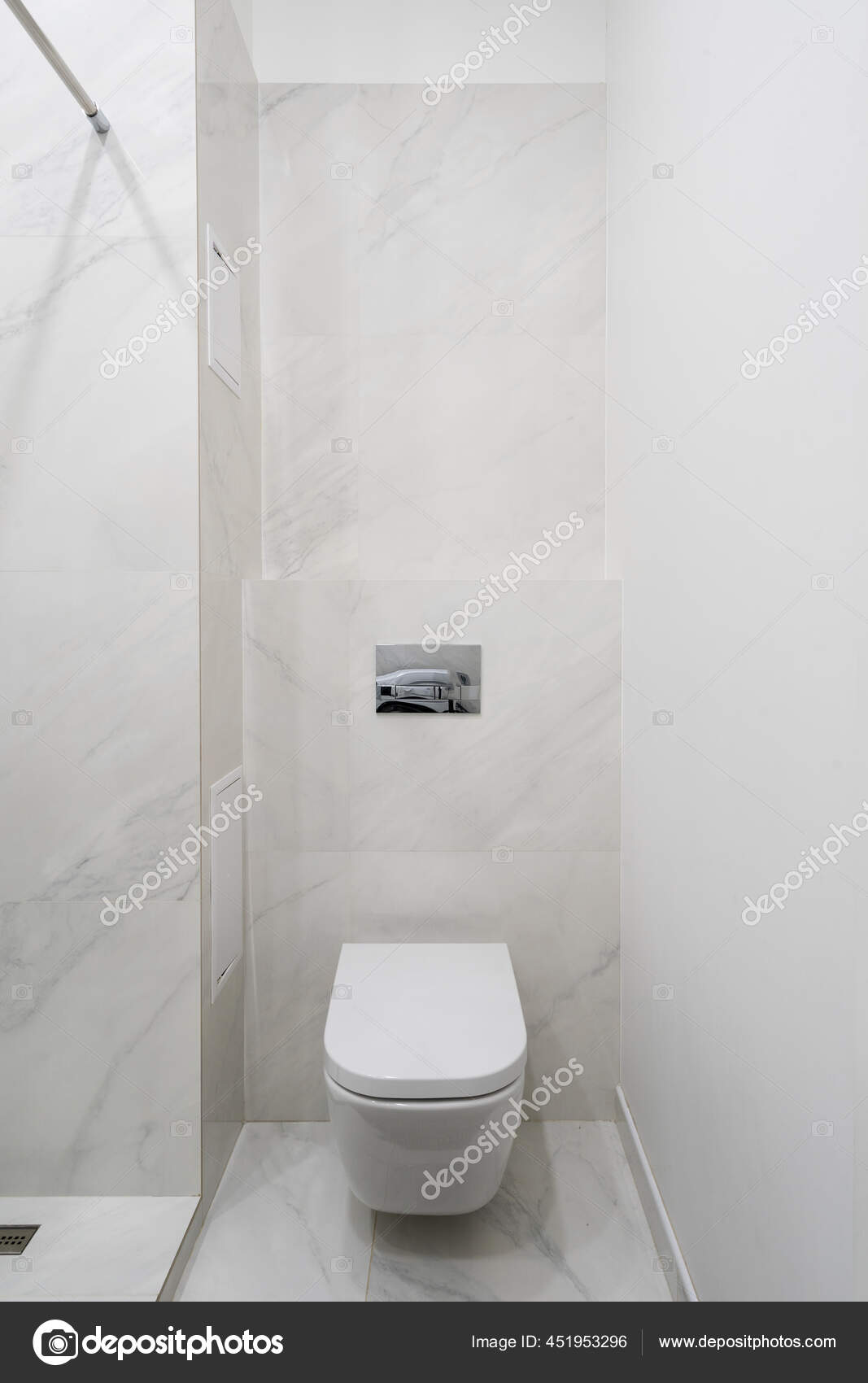 Vertical View Bright Modern Restroom New Ceramic Toilet Bowl White ...