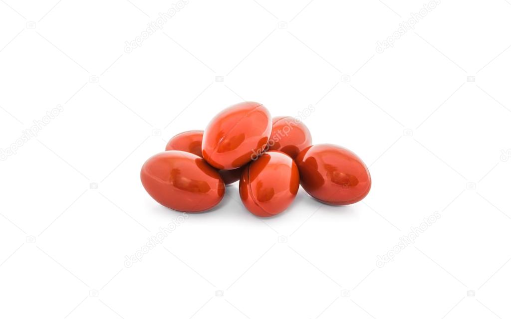 Red vitamin capsules isolated on white background — Stock Photo ...