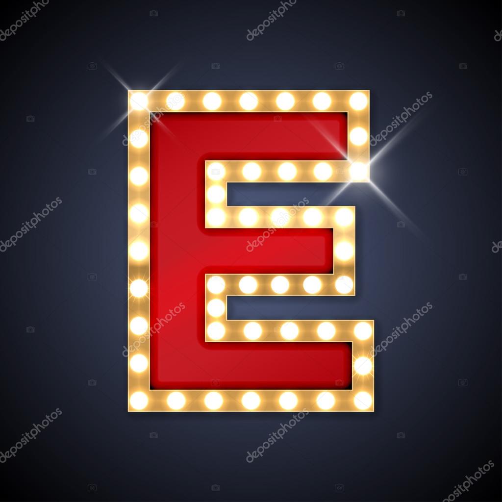 Letra E en forma de tablero de canto retro con lámparas vector, gráfico ...