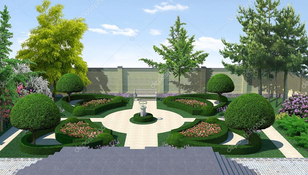 Landscaping courtyard classic style, 3D render — Stock Photo ... Landscaping courtyard classic style, 3D render — Stock Photo ...