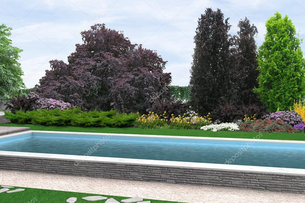 Landscaping pool and plant groupings, 3D render — Stock Photo ...