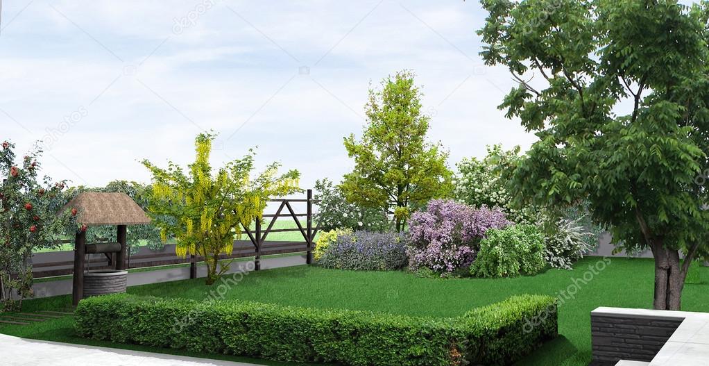 Landscape design planting of greenery, 3D render — Stock Photo ...