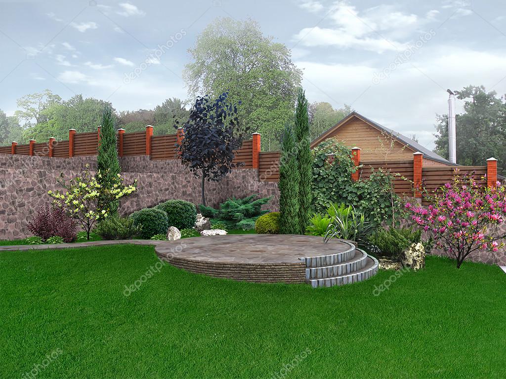 Landscaping backyard horticultural background, 3D Render — Stock Photo ...