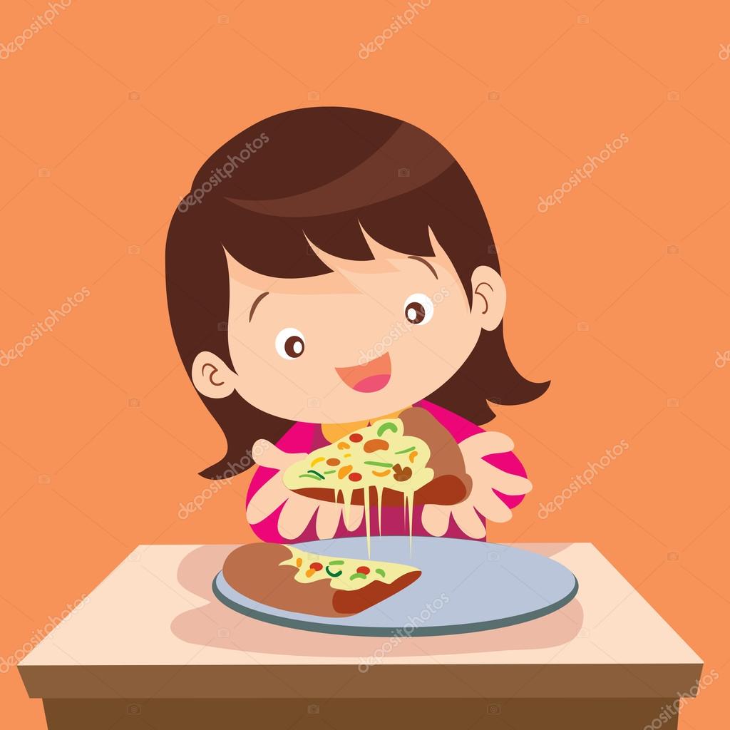 Animado: niña comiendo pizza animada | linda chica come pizza — Vector ...