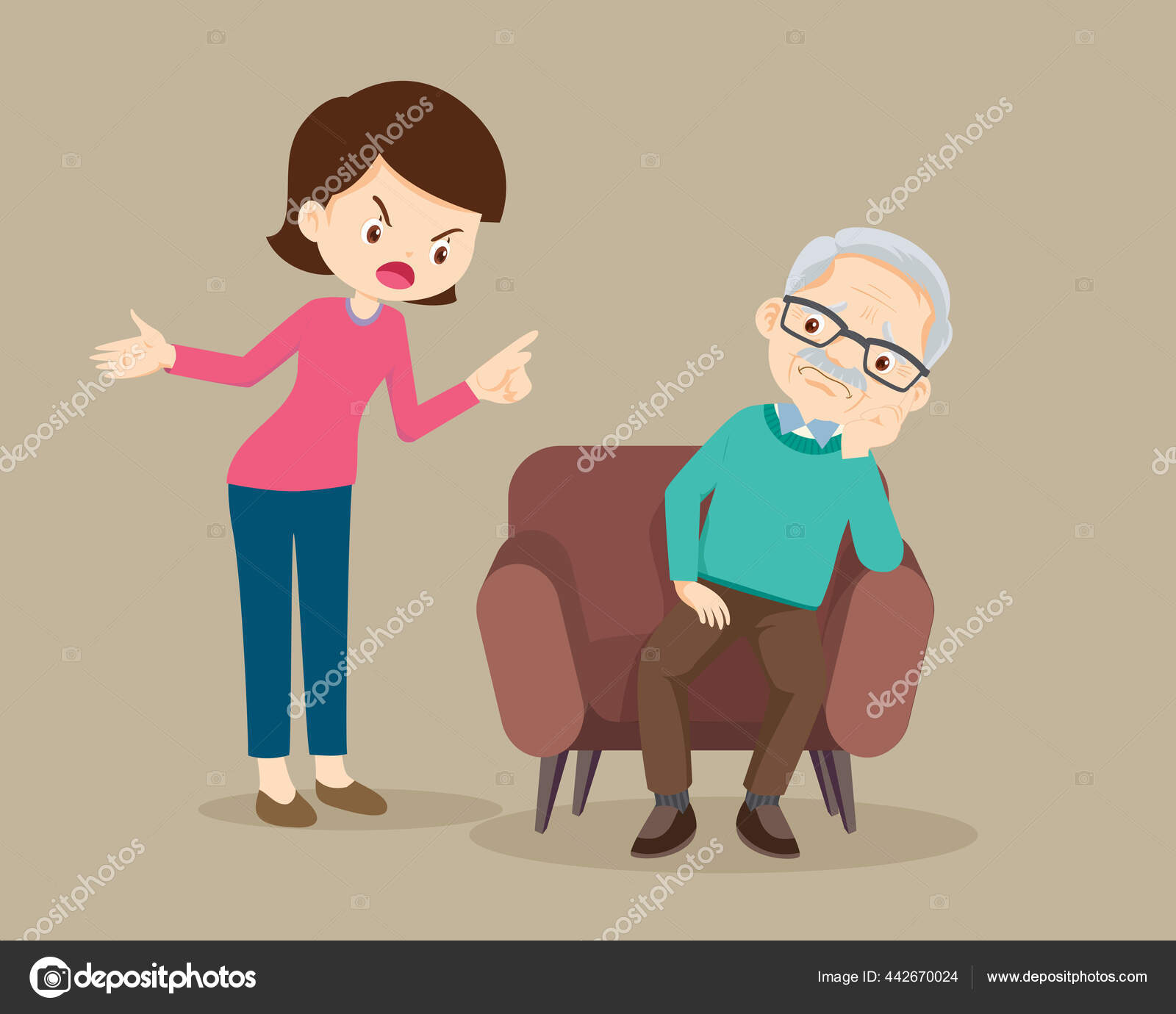 Angry Woman Scold Sad Elderly Aggressive Woman Screams Scared Elderly ...