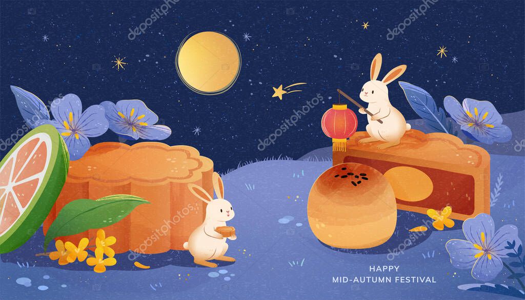 Feliz banner de ilustración del festival de mediados de otoño. Lindos conejos disfrutando de ...