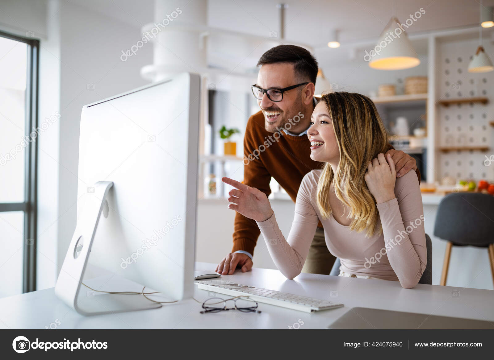 Happy Couple Having Fun While Working Together Remotely Home Using ...