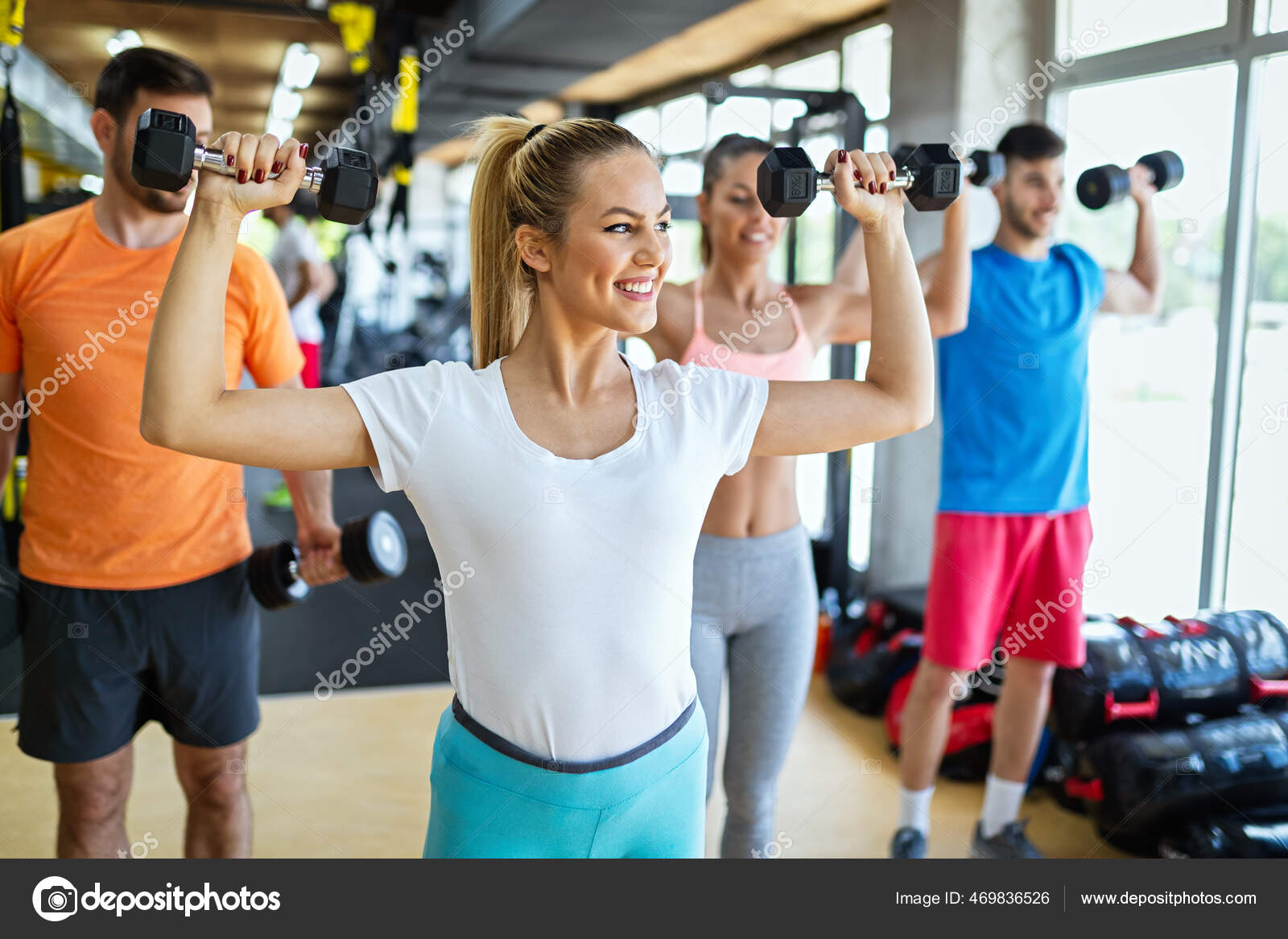 Group Young Fit People Doing Exercises Gym Stay Healthy Sport — Stock ...