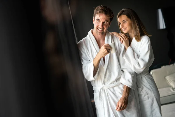 Happy couple enjoying wellness weekend and serene moments together ...