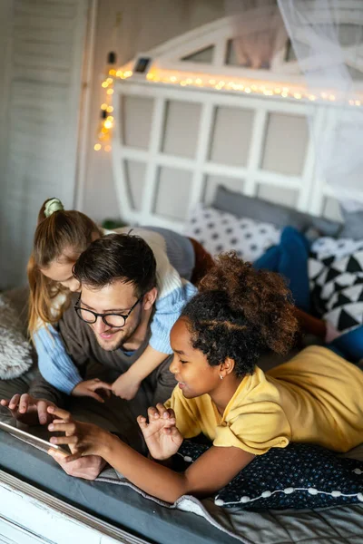 Happy Family Father Multiethnic Children Playing Tablet Home Technology ...