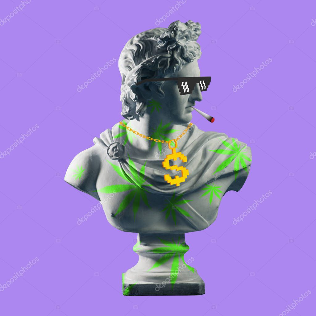 Estatua. Auriculares. Aislado. Estatua de yeso de la cabeza de David ...