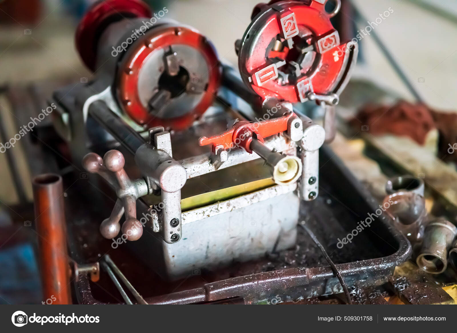 Threading Machine Iron Pipes Construction Site — Stock Photo © ellinnur ...