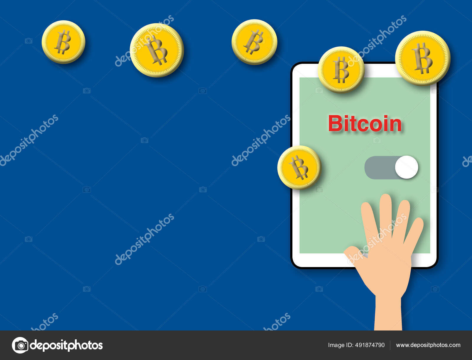 Hand Bitcoin Tablet Blue Background Concept Glowing Mining Paper Cut ...