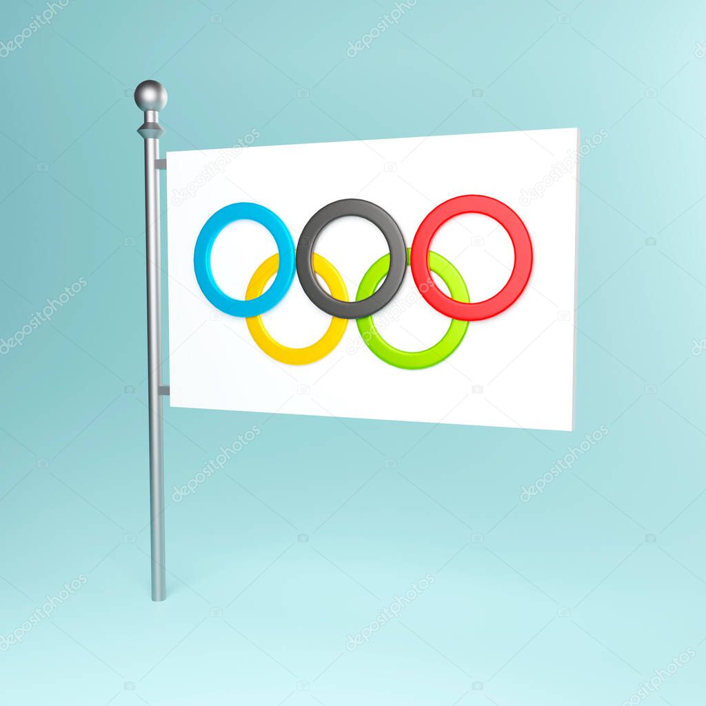 Ilustración 3d de una bandera olímpica con anillos olímpicos en un asta de la bandera 2024