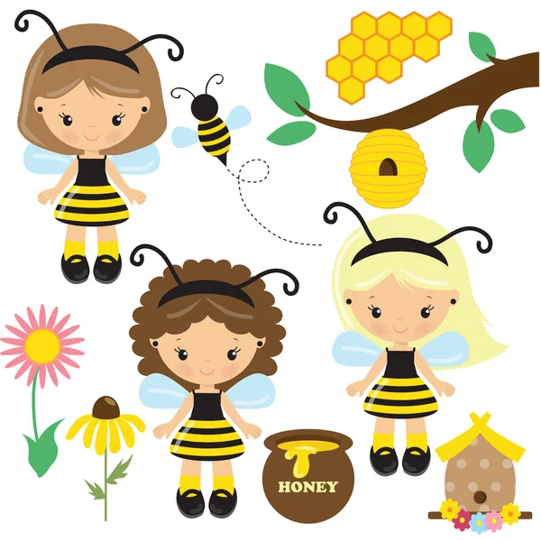 Vector Little African American Girls, Bees, Honey, Balloons and Flowers ...