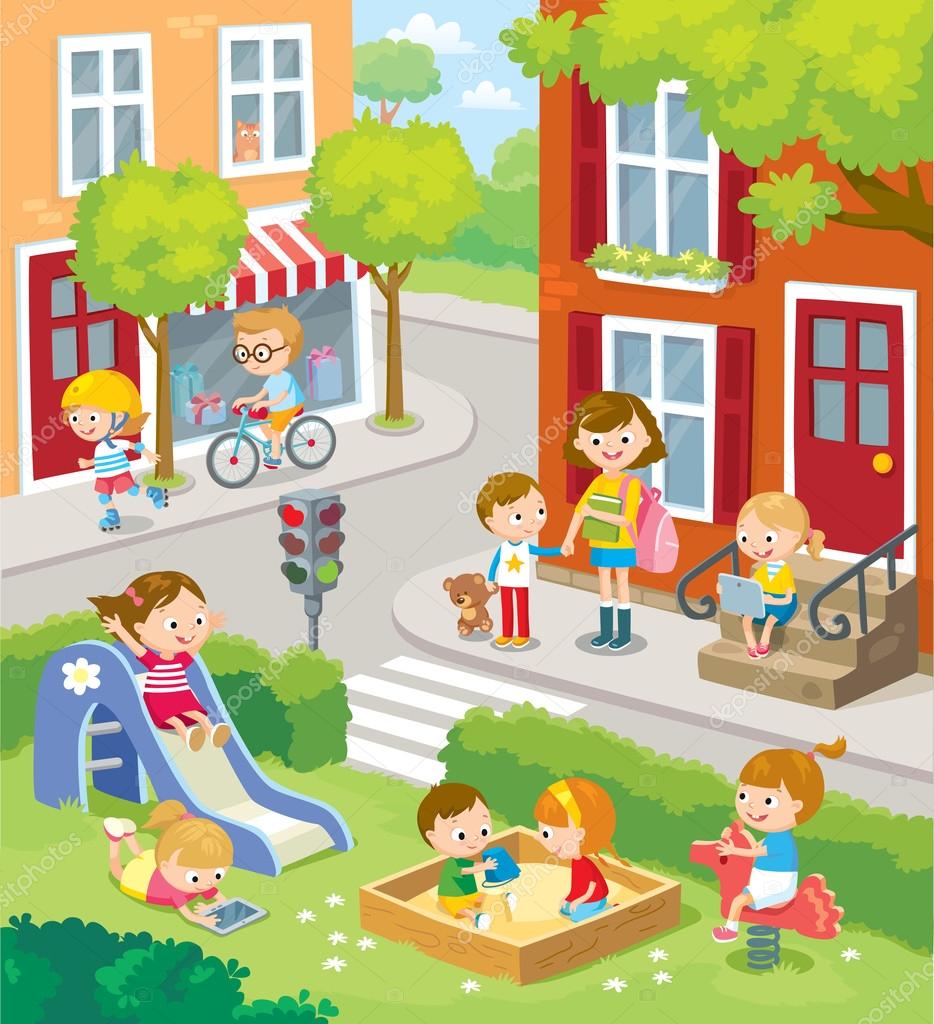 Cute children in town ⬇ Vector Image by © olga1818 | Vector Stock 110341424