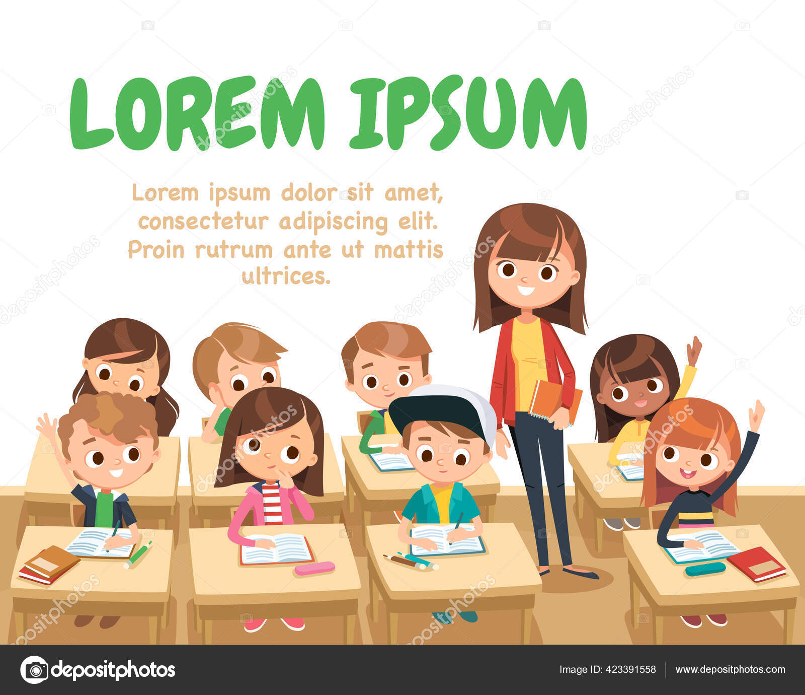 Teacher Pupils Classroom Stand Aisle Primary School Kids Pupils Raising ...