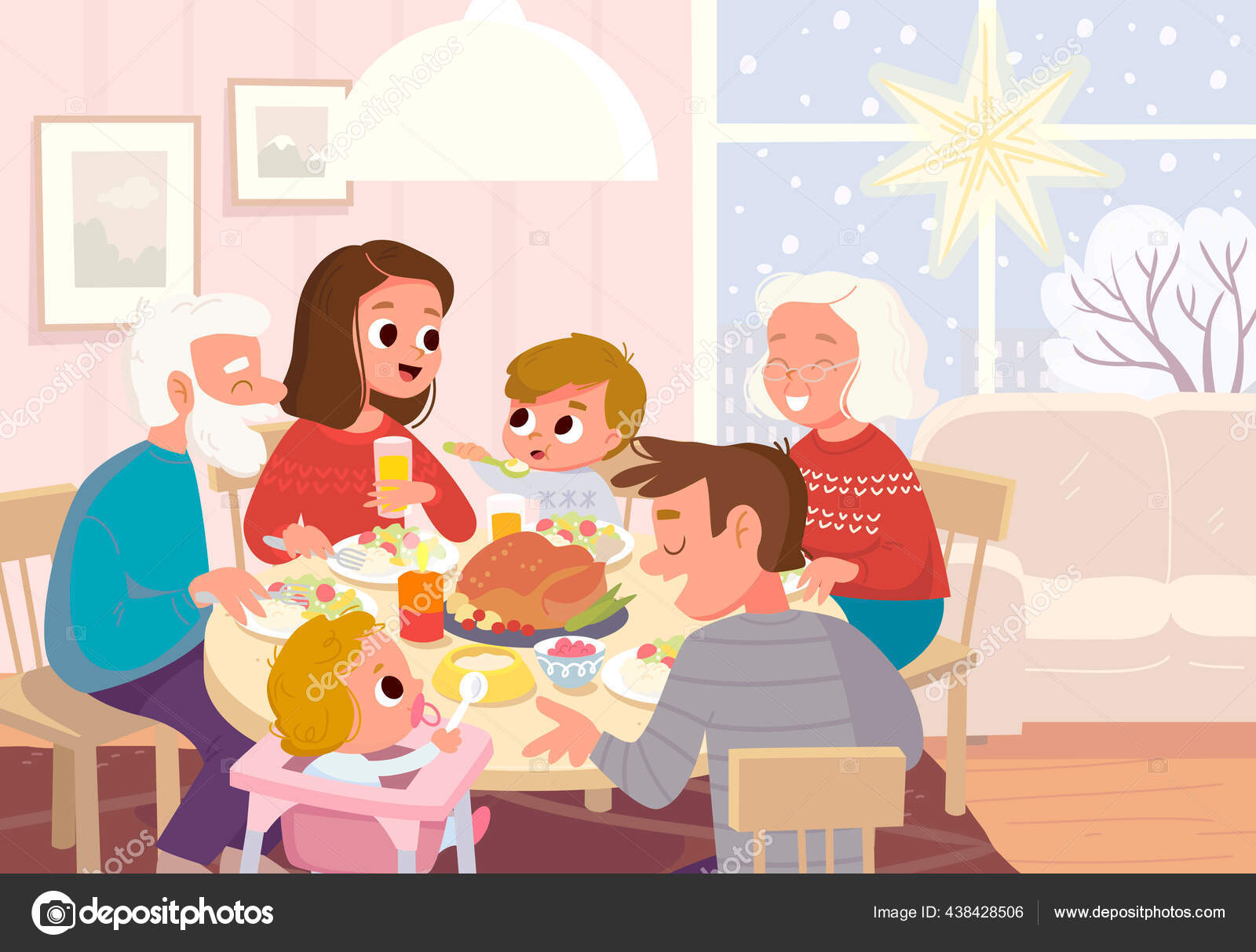Vector Portrait Family Having Christmas Dinner Sitting Table All ...