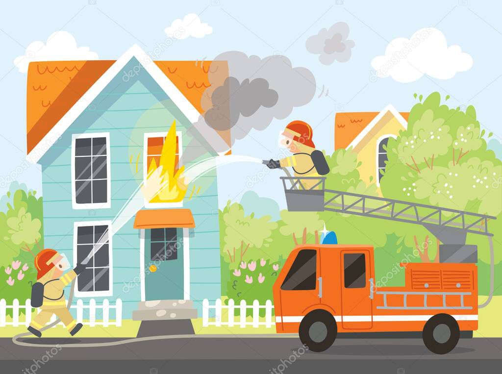 Bombero apagar fuego de la casa, Bombero, bombero se encuentra en cubo en la escalera larga de ...