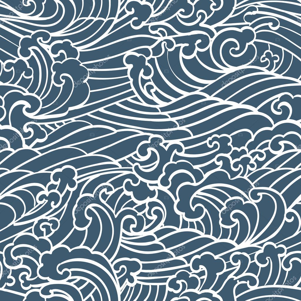 Pattern Seamless Ocean Waves hand draw asian style white hand drawn on ... Pattern Seamless Ocean Waves hand draw asian style white hand drawn on ...