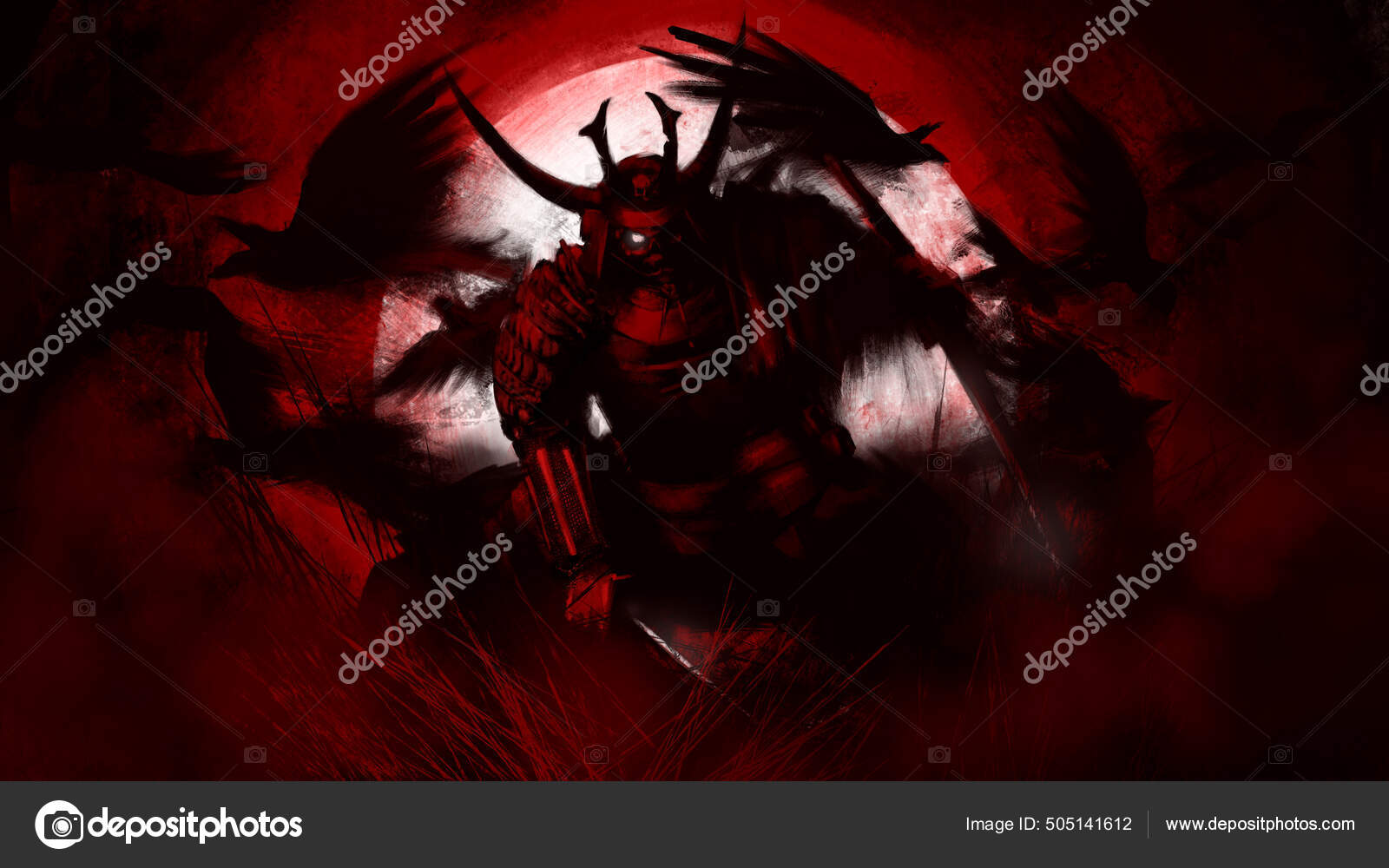 Demon Samurai Sinister Armor Stands Grass His Eyes Shine White Stock ...