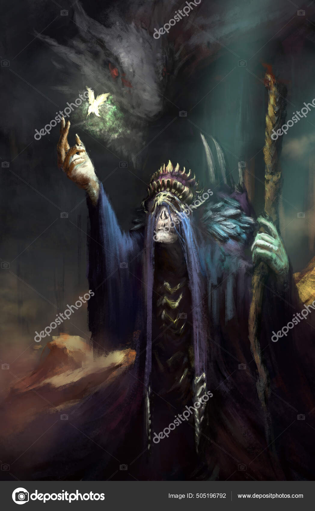 Old Decrepit Witch Mask Her Face Dressed Robe She Leans Stock Photo by ...
