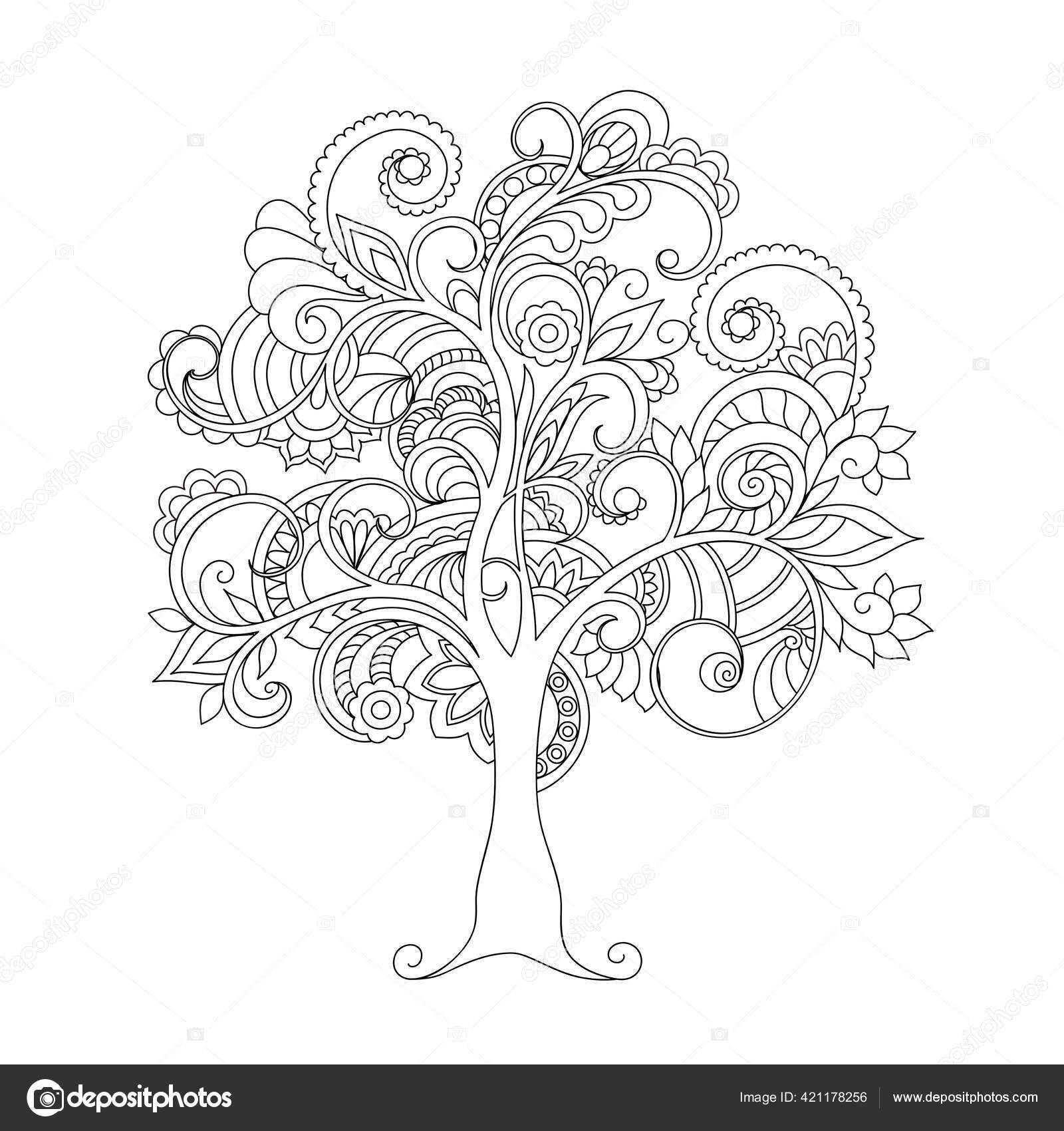 Hand Drawn Contour Doodle Tree Zen Tangle Style Isolated White Stock ...