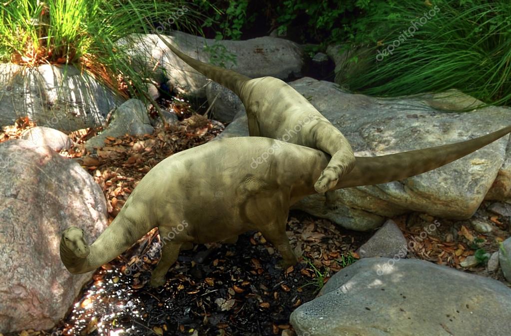 Baby Apatosaur Dinosaurs Exploring Creek — Stock Photo © auntspray ...