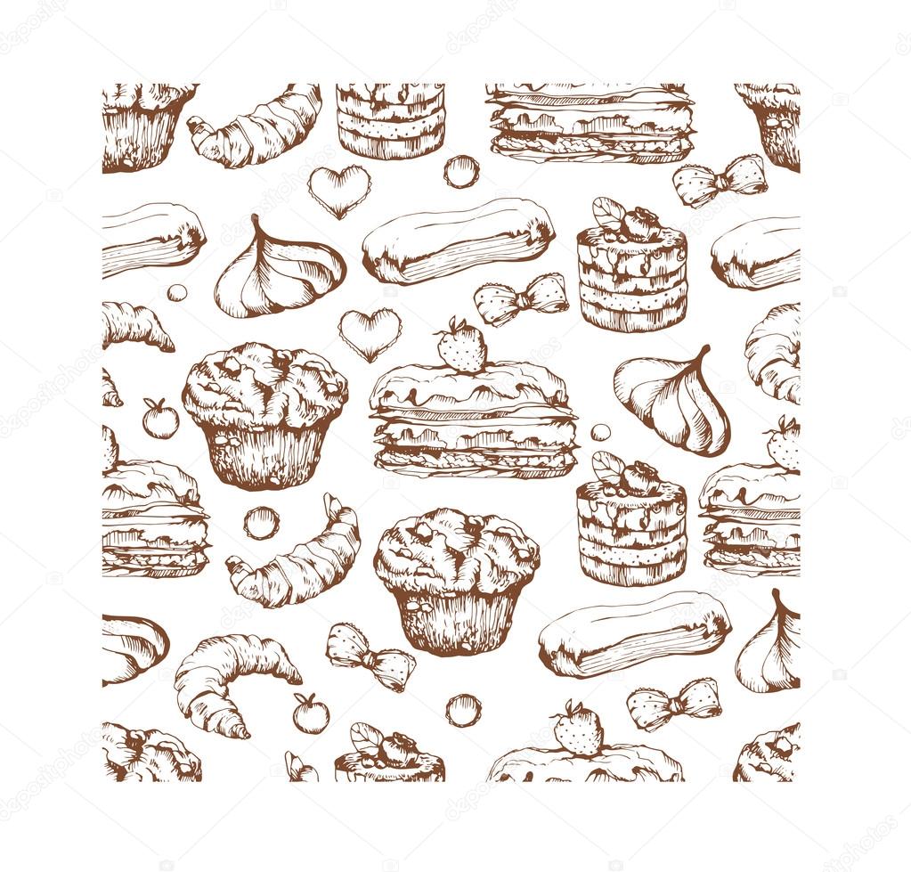 Seamless background with sketch pastries, sweets, baked goods, desserts ...