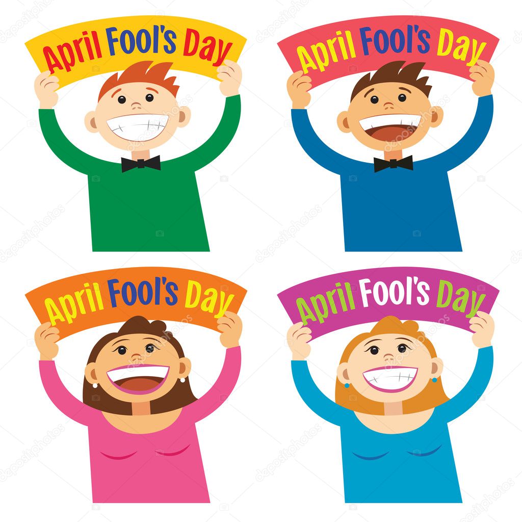 Funny cartoon people holding sign April Fools Day. Stock Vector Image ...