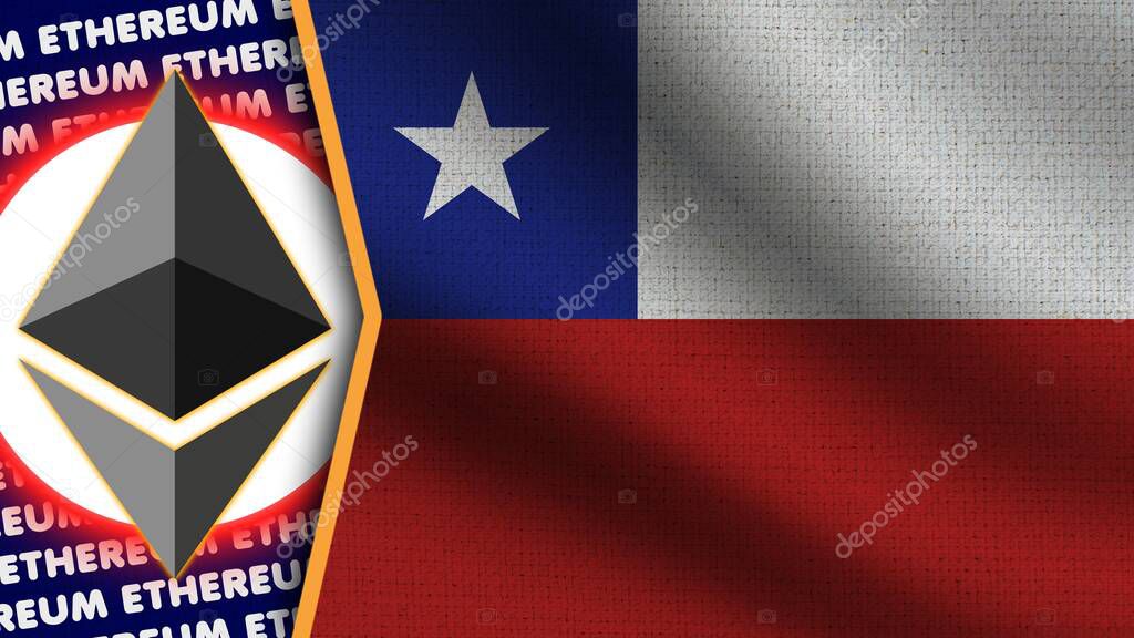 Bandera ondulada realista de Chile, logotipo y títulos de Ethereum, ilustración 3D de la textura ...