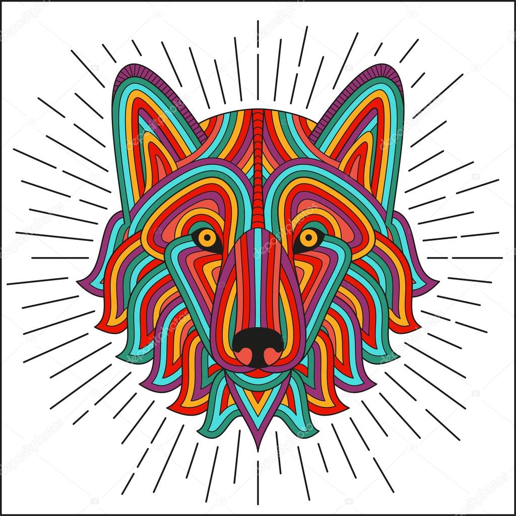 Cabeza de lobo estilizada creativa en estilo lineal étnico. Bueno para ...
