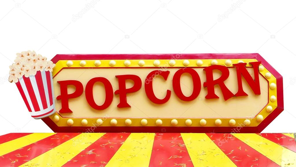 Buntes Popcorn-Schild mit Beleuchtungsrand auf weißem Hintergrund ...