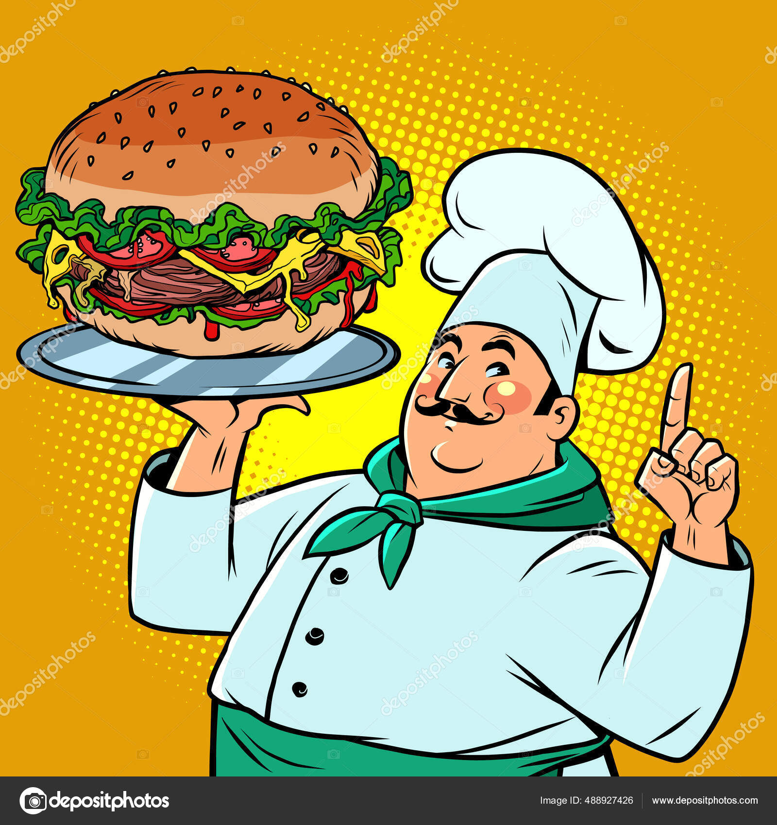 A chef with a large burger on a tray. Fast food and street restaurants ...
