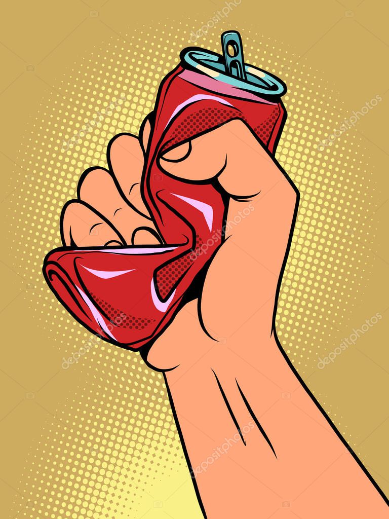 una mano aplasta una lata, el tema de la ecología y el reciclaje de ...