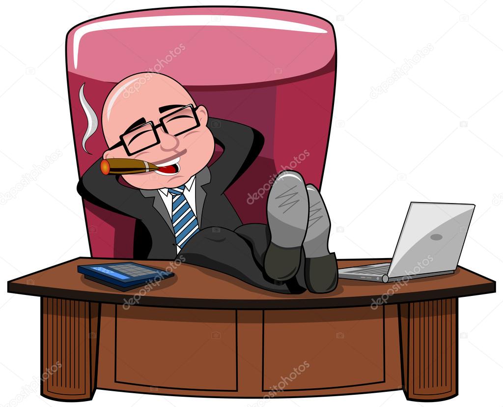 Relajado calvo dibujos animados empresario jefe fumando cigarro y ...
