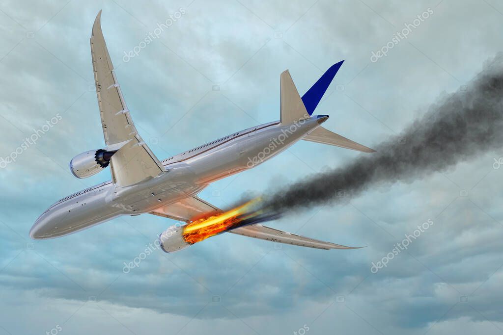 avión volando en el cielo con un motor en llamas peligro de socorro 2022