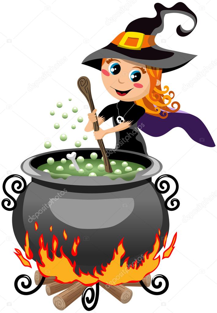 Linda bruja de Halloween preparando poción en el calderón aislado ...