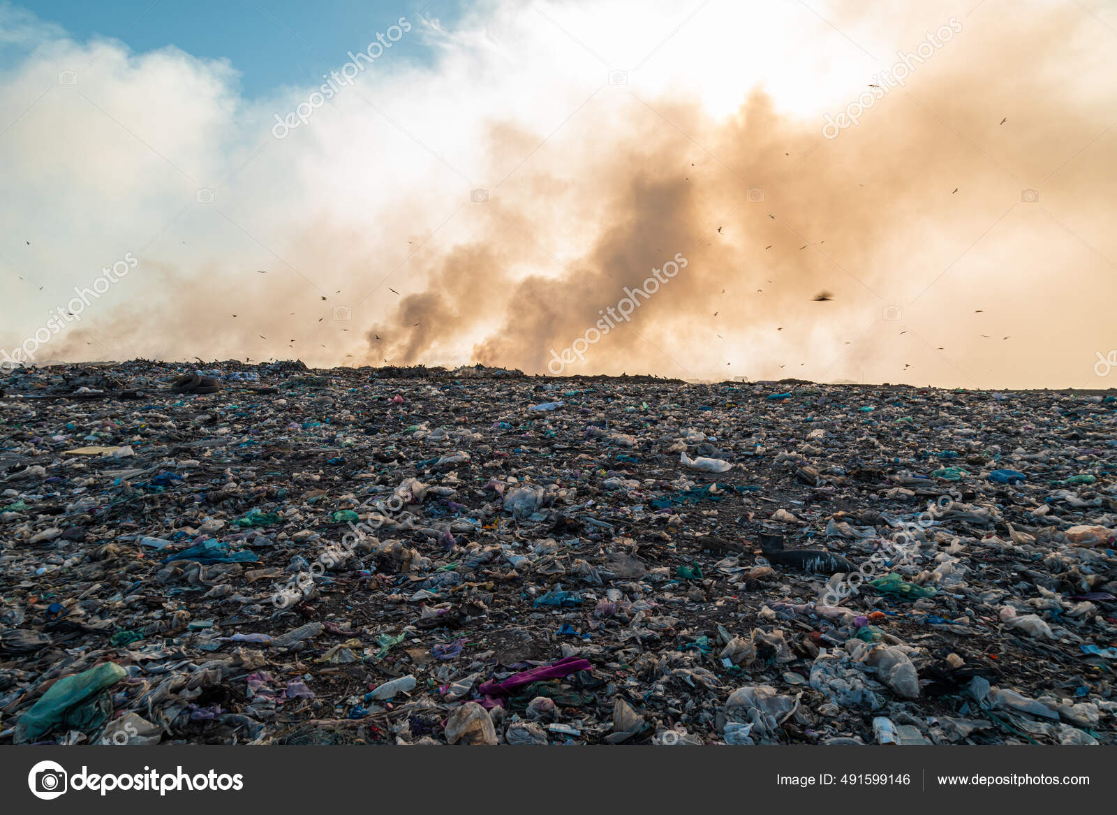Pollution Concept Burning Garbage Pile Trash Dump Landfill — Stock Photo © bakhrom.media #491599146