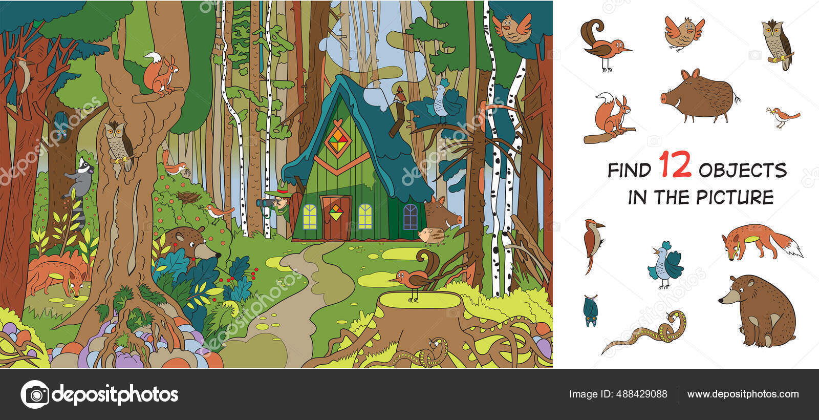 Forest Glade Forester's House Find Hidden Animals Puzzle Vector ...