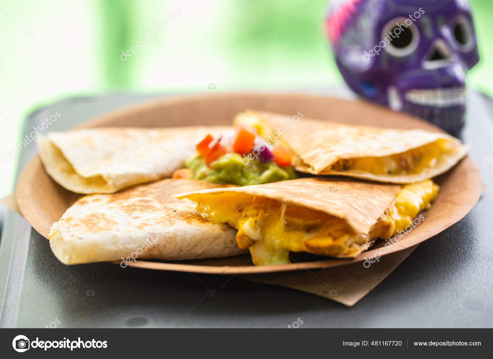 Quesadilla Meat Cheese Top Which Salsa Paper Plate Traditional Mexican ...