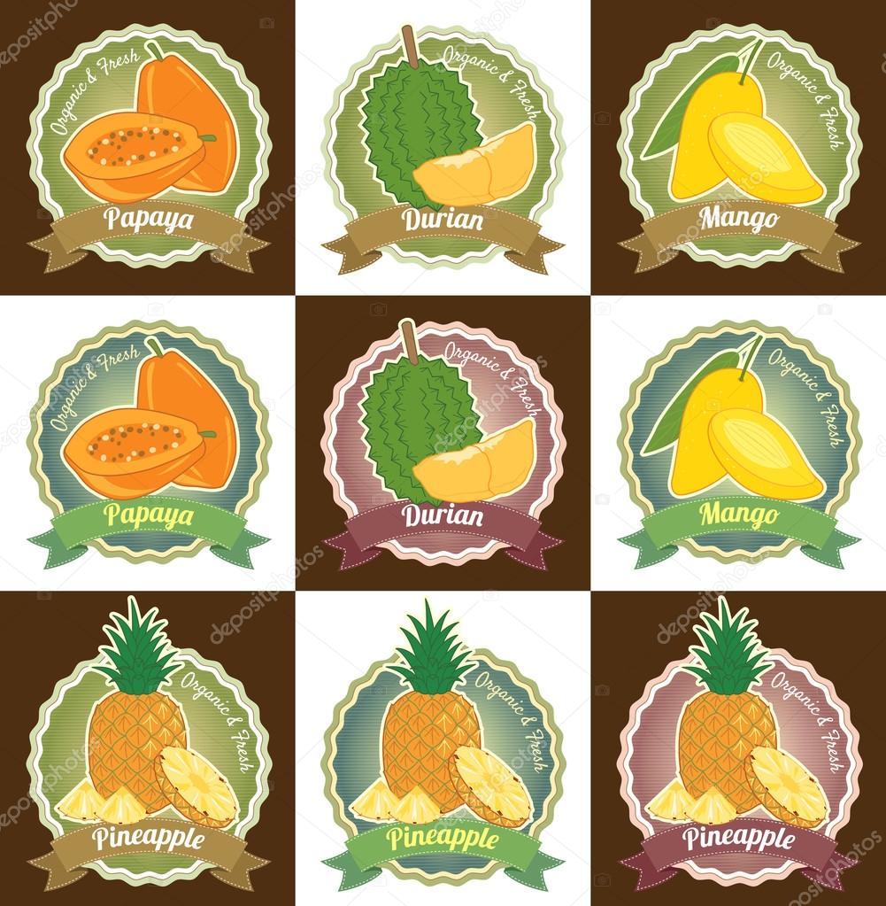 Set of various fresh tropical fruits premium quality tag label b ...