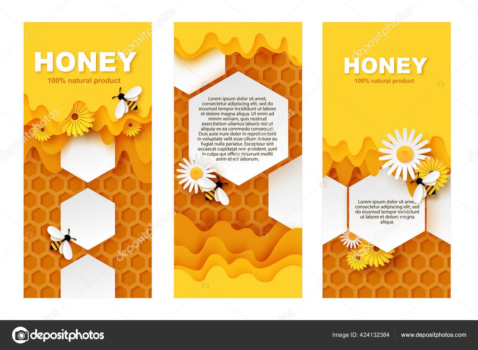 Honey banner vector template set. Paper cut honeycombs with flowing ...
