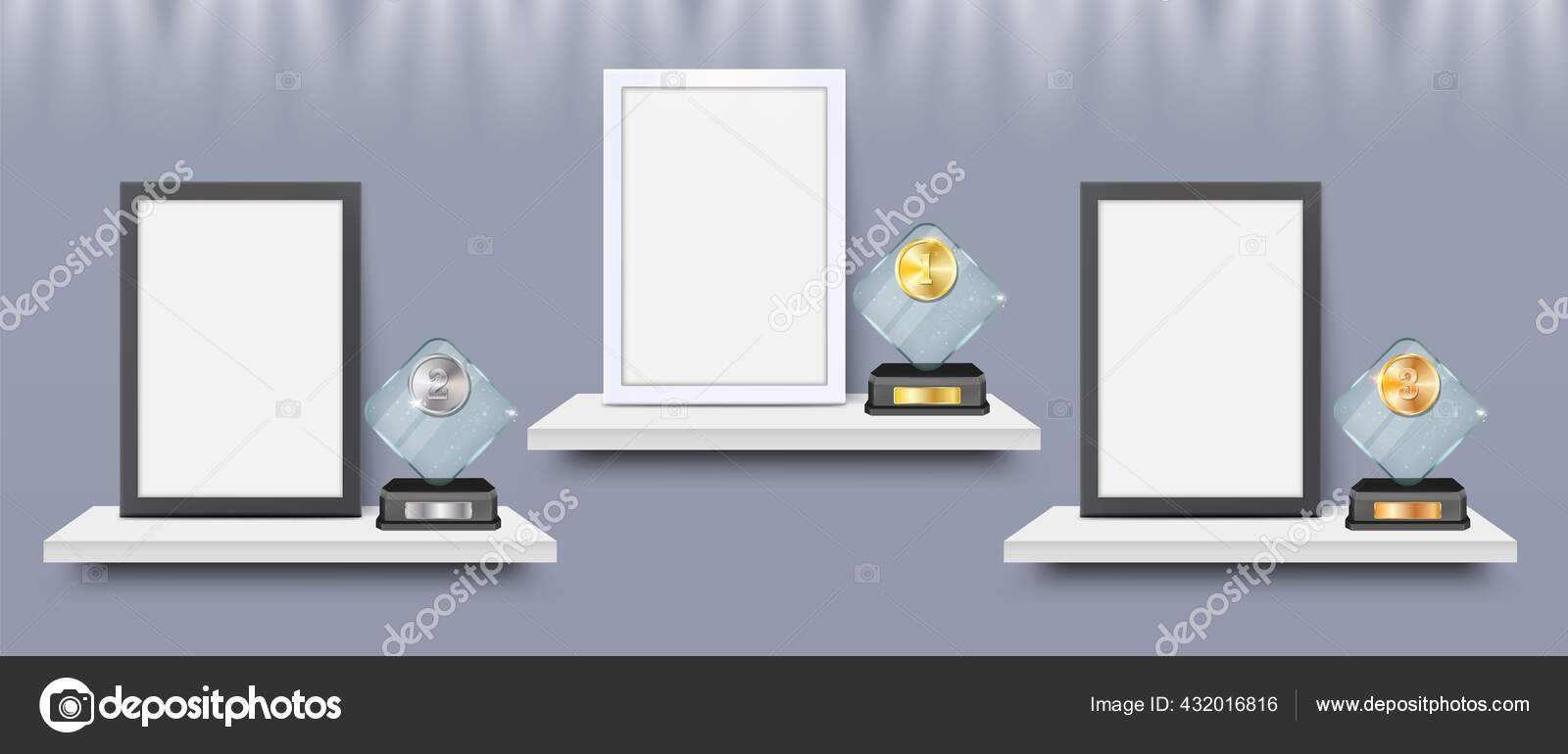 Blank frame and acrylic glass trophy award on shelf mockup set, vector ...
