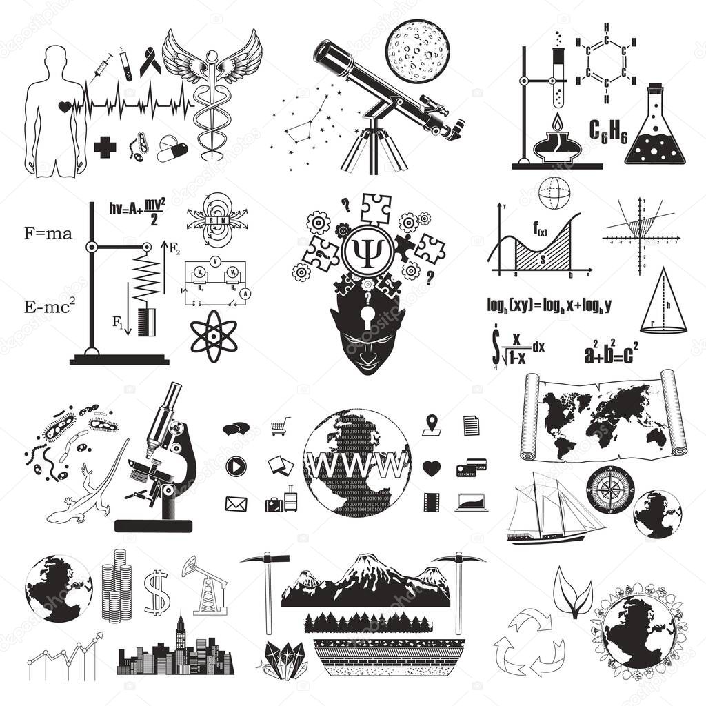 Conjunto de s mbolos cient ficos, ilustraci n vectorial. Conocimiento, educaci n escolar. 2024