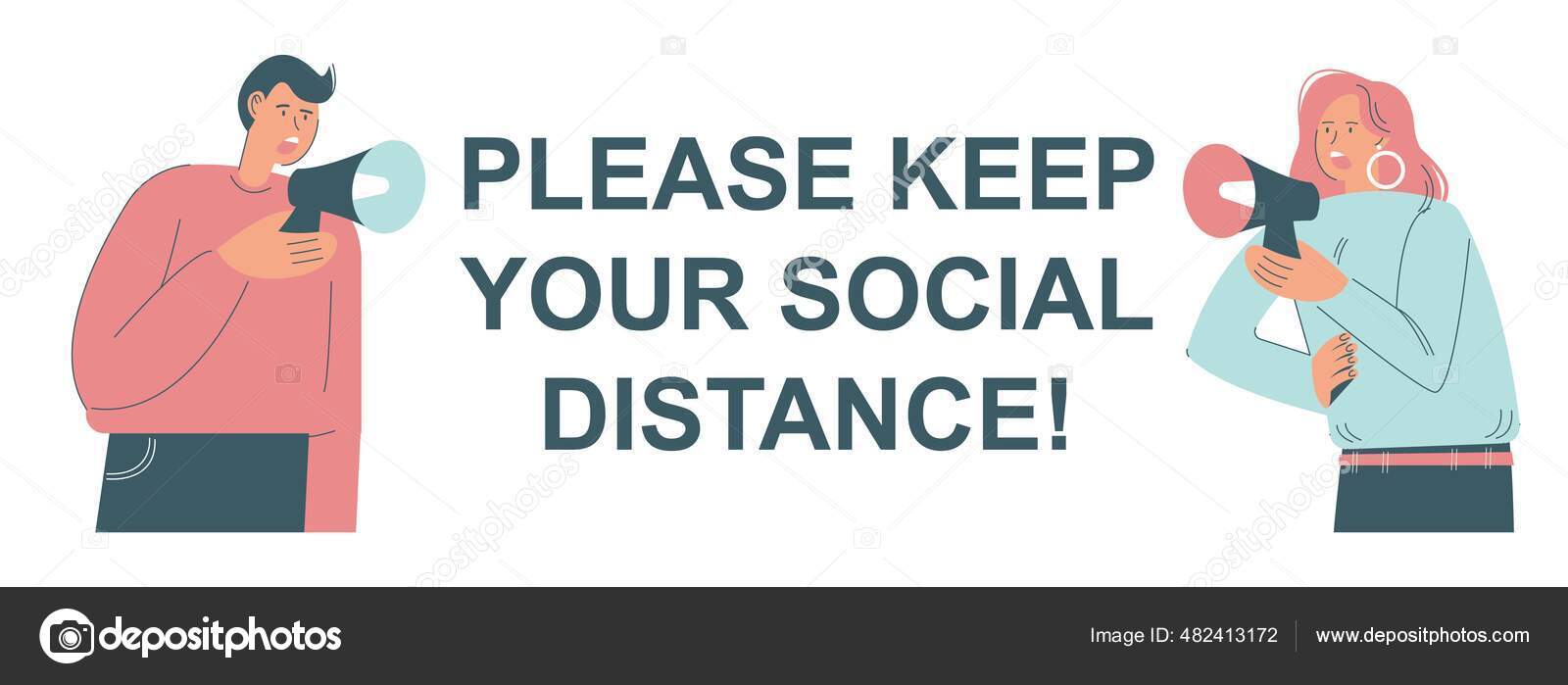Keep social distance vector poster template. People with megaphones ...