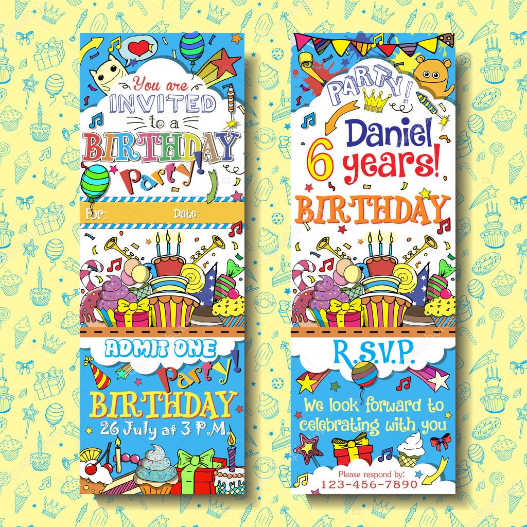 Vector birthday party invitation pass ticket design. Face and back ...